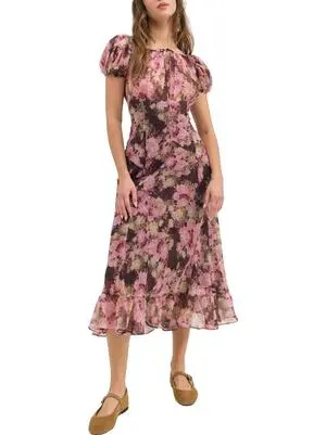 For Love & Lemons Adeline Floral Midi Dress - Brown