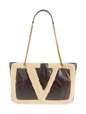 Valentino Garavani Medium Viva Superstar Crinkled Leather And Genuine Shearling Tote - Cafe Fango/dark Beige