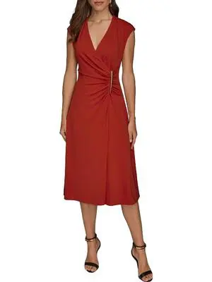 Donna Karan New York Faux Wrap Jersey Midi Dress - Autumn Red