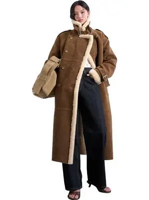 Topshop Longline Aviator Faux Shearling Coat - Brown
