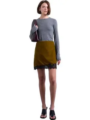 Topshop Velvet Miniskirt With Lace Trim - Khaki Green