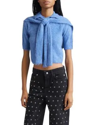 Monse Tie Scarf Overlay Crop Polo - Blue