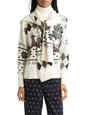 Monse Tie Scarf Overlay Fair Isle Merino Wool Turtleneck Sweater - Ivory