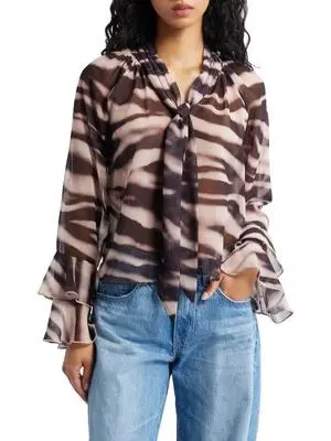 LIPSY Zebra Print Tie Neck Chiffon Top - Brown Multi