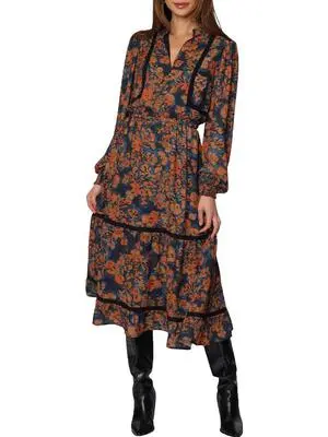 LOST + WANDER Embers Bloom Long Sleeve Tiered Dress - Black-multi-floral