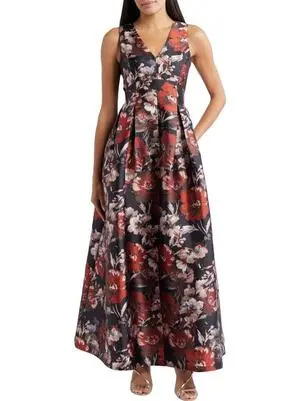 Julia Jordan Floral Pleated Gown - Black Rust