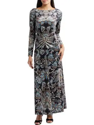 Julia Jordan Paisley Floral Long Sleeve Gown - Black Multi