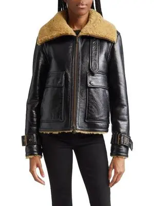 Veronica Beard Danika Genuine Shearling Bomber Jacket Shiny Blacks