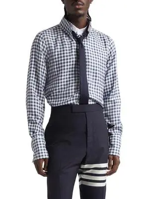 THOM BROWNE Gingham Straight Fit Convertible Silk Twill Button-down Shirt
