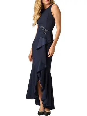Adrianna Papell Beaded Appliqué Ruffle Crepe Gown - Midnight