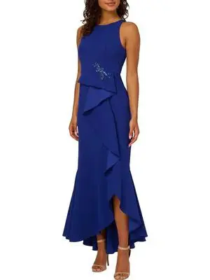 Adrianna Papell Beaded Appliqué Ruffle Crepe Gown - Royal Sapphire