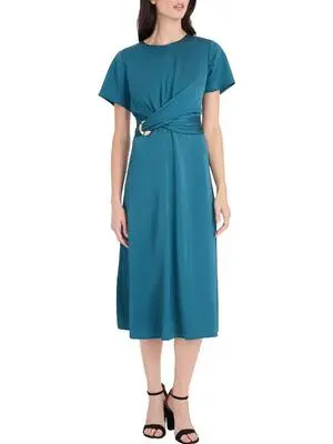 Maggy London Buckle-detail Hammered Satin Midi Dress - Green Heron