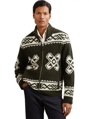 REISS Wool-blend Fair Isle Zip Jumper - Forest Green