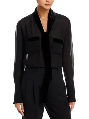 FRAME Velvet Trim Tie Silk Blouse - Black