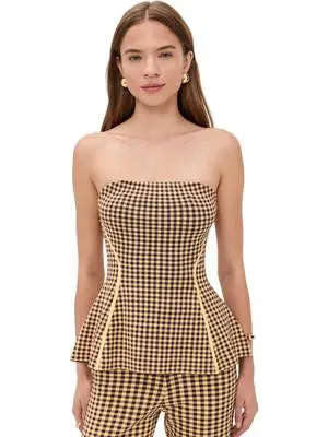 LE BOP Gingham Strapless Peplum Top - Burgundy/citrine