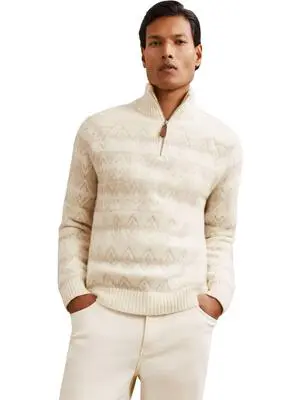 REISS Wool-blend Fair Isle Half-zip Jumper - Winter White/oatmeal