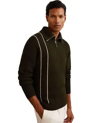 REISS Rib-knit Half-zip Wool Jumper - Dark Olive Green