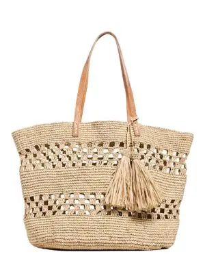 MAR Y SOL Raffia Tote With Leather Straps And Tassel Accents