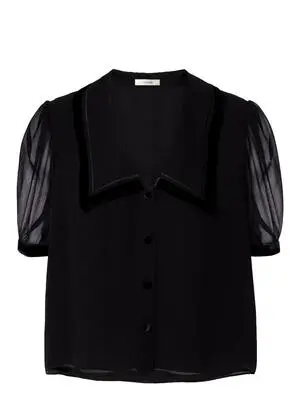 FRAME Sailor Velvet-trimmed Silk Blouse - Black