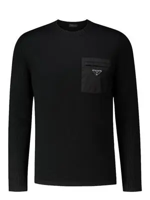Prada Crewneck Sweater With Nylon Pocket - Black