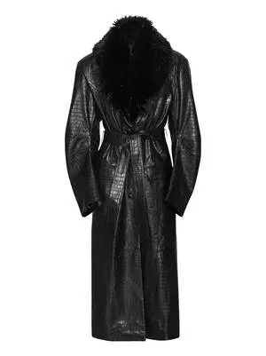 Remain Birger Christensen Textured Leather Coat With Faux Fur Collar - Black
