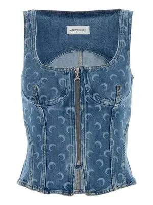 MARINE SERRE Moon Denim Bustier Top - Sky Blue