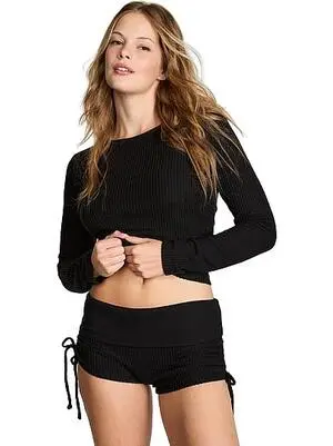 Pink Waffle Knit Long-sleeve Top - Black