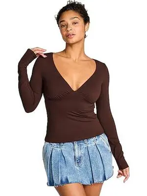 Pink Base Stretch Ruched Long-sleeve Tee - Brown