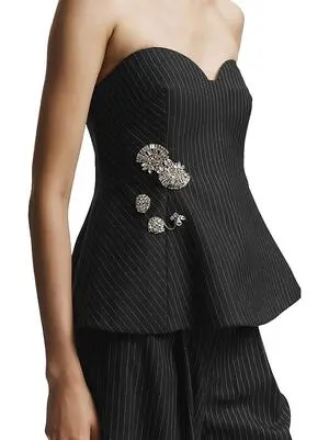 SAINT ART Rosa Embellished Strapless Top - Charcoal Pinstripe