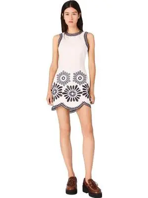Maje Mini Dress With Crochet Flower Details - Black / Navy / Stripe / White