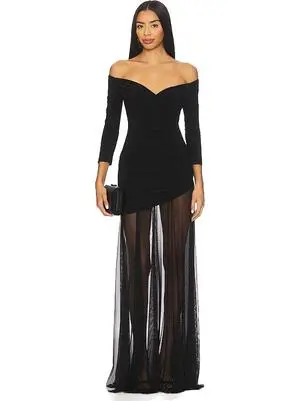 Norma Kamali Off Shoulder Sweetheart Combo Flared Gown - Black & Black Mesh