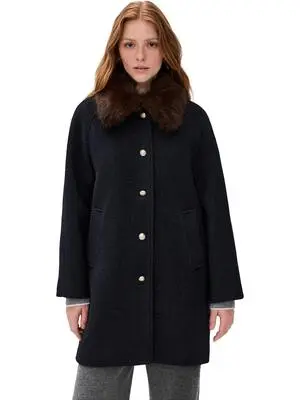 DUNST Boucle Wool Half Coat With Faux Fur Collar - Dark Navy