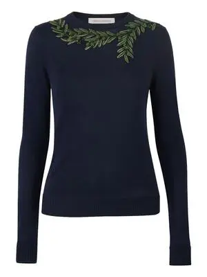 Carolina Herrera Olive Branch Embroidered Sweater - Midnight Multi