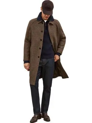 REISS Atelier Wool Check Raglan Overcoat - Brown Check