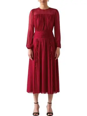 LK BENNETT Uma Crinkle Ruffle Long Sleeve Mesh Dress - Red
