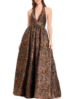 Dress The Population Metallic Floral Jacquard Plunge Halter Neck Gown - Bronze Multi