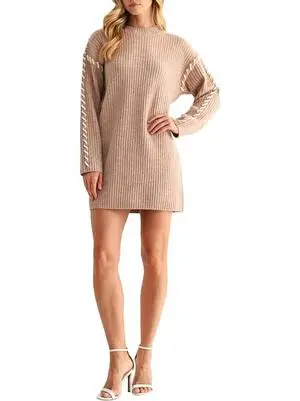 ALL IN FAVOR Long Sleeve Mini Sweater Dress With Contrast Stitching Mocha Moose