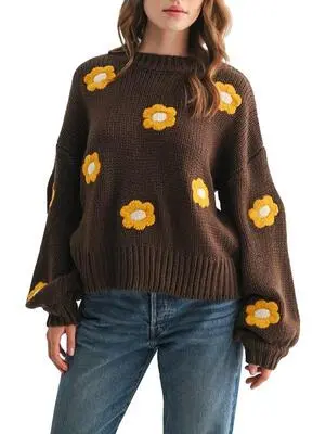 ALL IN FAVOR Embroidered Flower Crewneck Pullover - Brown Mustard Flower