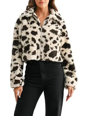 ALL IN FAVOR Animal Print Fleece Jacket - Cream Chocolate