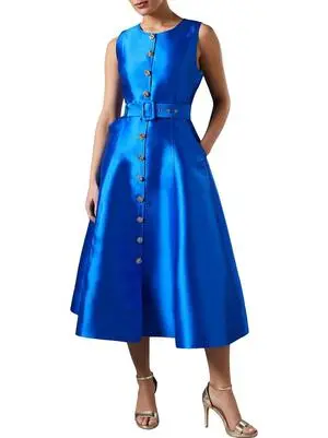 Coast Button-through Belted A-line Midi Dress - Cobalt