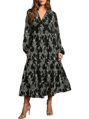 Coast Long Sleeve Broderie Floral Midaxi Dress - Mono