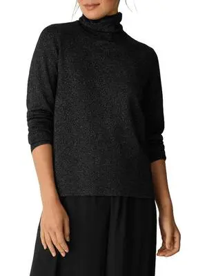 Eileen Fisher Long Sleeve Metallic Wool Blend Turtleneck Top - Black