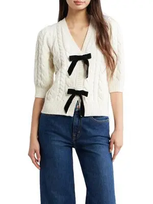 Rails Clarissa Velvet Bow Cable Knit Sweater - Ivory Cables