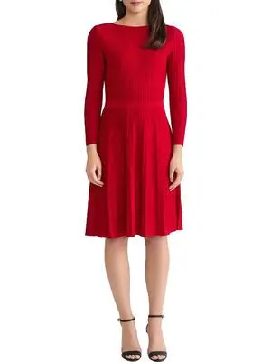 Ming Wang Long Sleeve Fit & Flare Stretch Knit Dress - Holiday