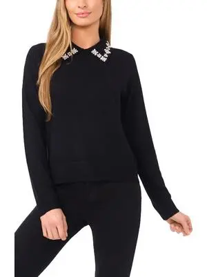 CECE DUPRAZ Embellished Collar Rib Sweater - Rich Black