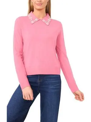 CECE DUPRAZ Embellished Collar Rib Sweater - Rose
