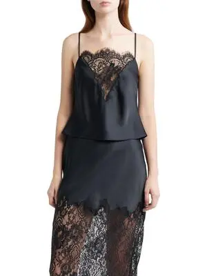 LoveShackFancy Constantina Lace Trim Satin Camisole - Black