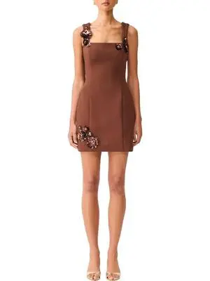 ELLIATT Floral Appliqué Mini Dress - Brown