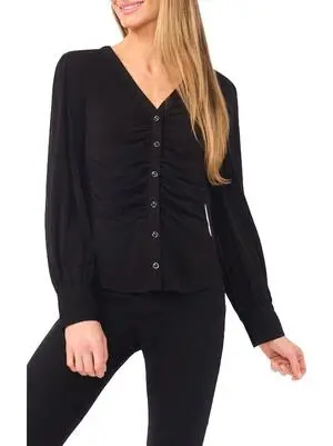 CECE DUPRAZ Shirred V-neck Button-up Shirt - Rich Black