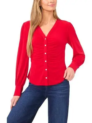 CECE DUPRAZ Shirred V-Neck Button-Up Shirt Stoplight Red